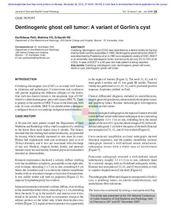 (PDF) Dentinogenic ghost cell tumor: A variant of Gorlin's cyst