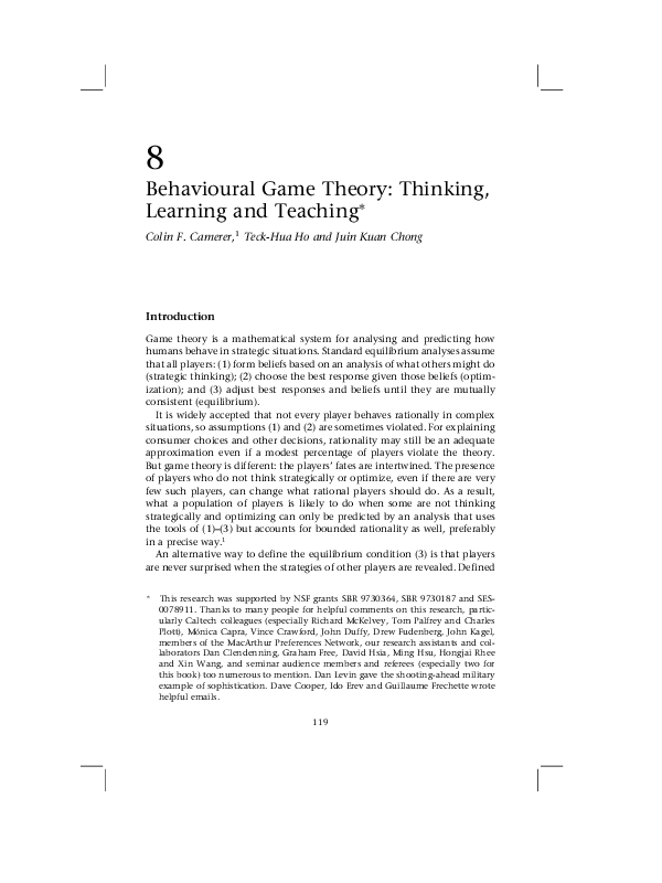(PDF) 8 Behavioural Game Theory: Thinking, Learning and Teaching