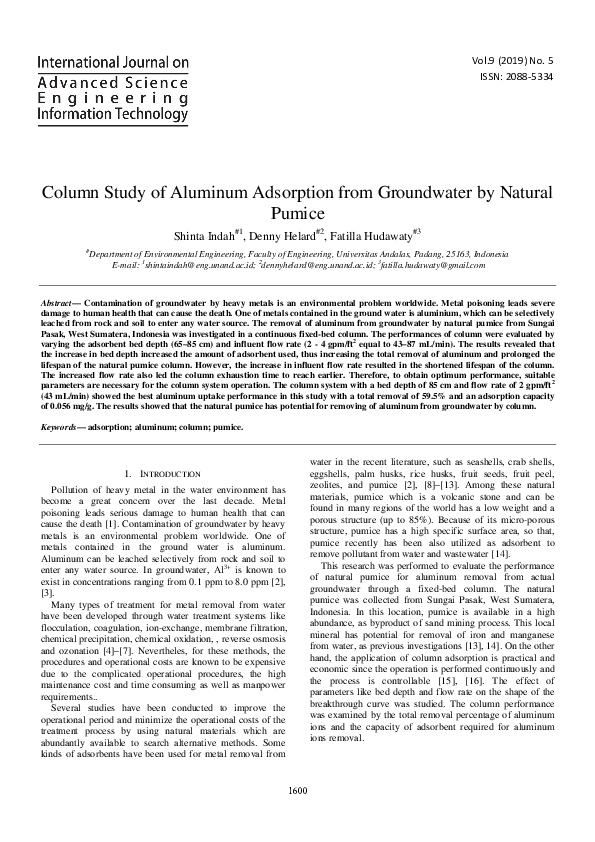 (PDF) Column Study of Aluminum Adsorption from Groundwater by Natural ...