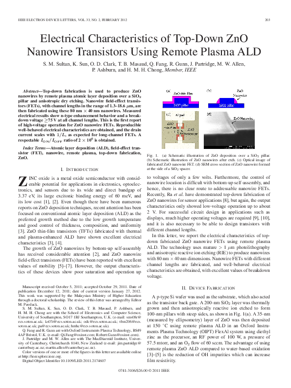 (PDF) Electrical Characteristics of Top-Down ZnO Nanowire Transistors ...