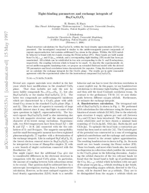(PDF) Tight-binding parameters and exchange integrals of Ba_ {2} Cu_ {3} O_ {4} Cl_ {2}