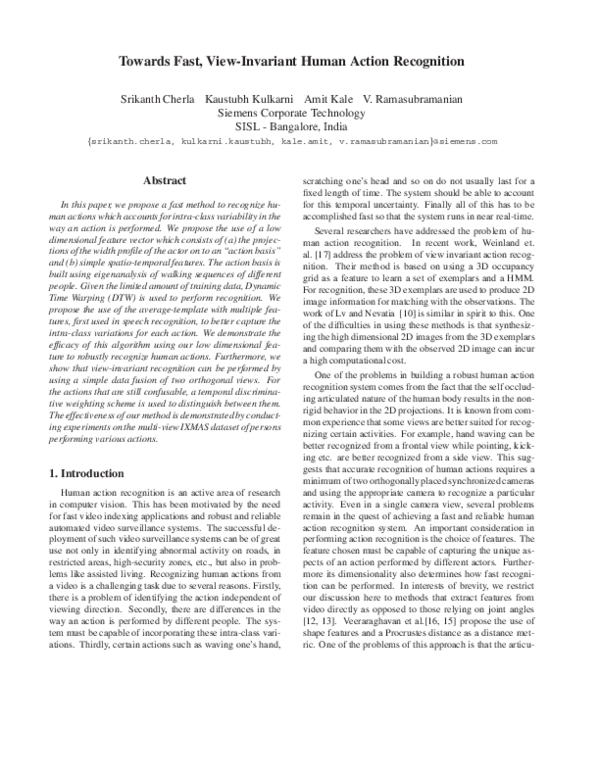 Pdf Towards Fast View Invariant Human Action Recognition