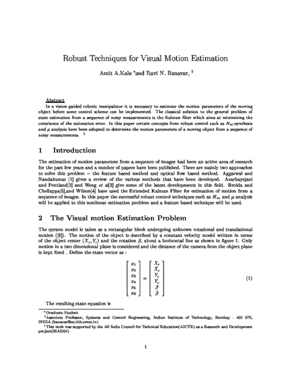 (PDF) Robust techniques for visual motion estimation