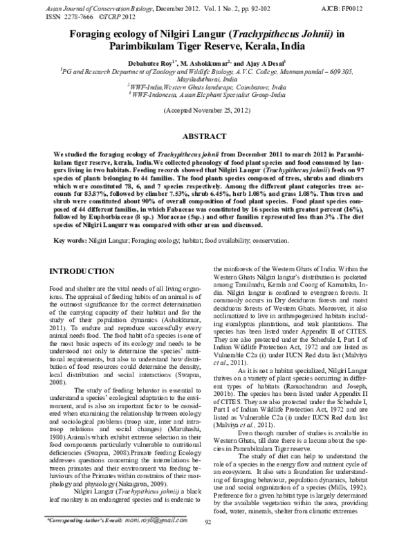 (PDF) Foraging ecology of Nilgiri Langur (Trachypithecus Johnii) in ...