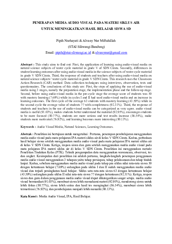 (PDF) PENERAPAN MEDIA AUDIO VISUAL PADA MATERI SIKLUS AIR UNTUK MENINGKATKAN HASIL BELAJAR SISWA SD