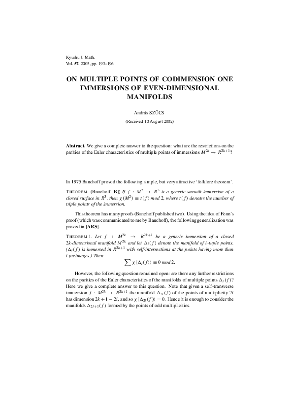 (PDF) On Multiple Points of Codimension One Immersions of Even-Dimensional Manifolds | Andras ...