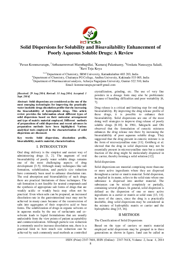 (PDF) Solid Dispersions for Solubility and Bioavailability Enhancement of Poorly Aqueous Soluble ...