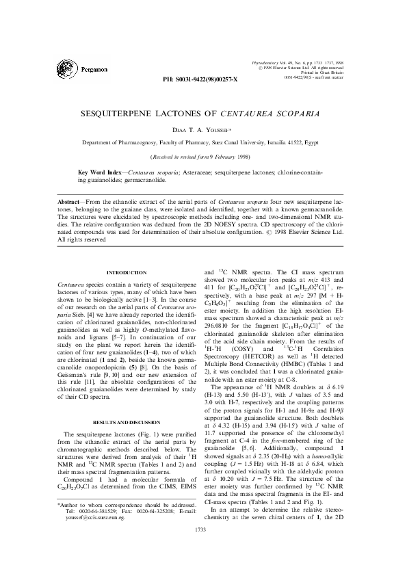 (PDF) Sesquiterpene lactones of Centaurea scoparia