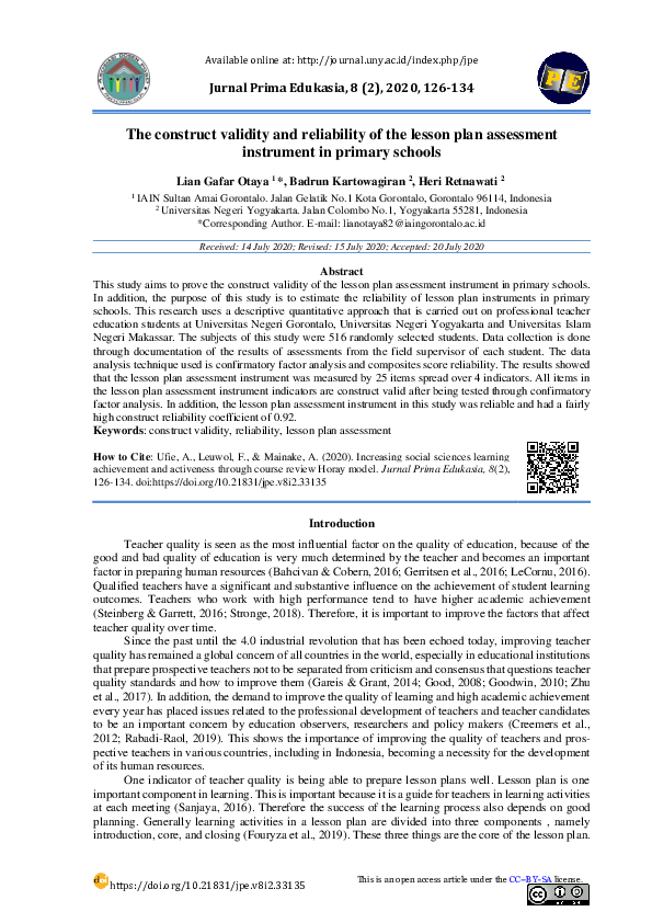 (PDF) The construct validity and reliability of the lesson plan ...
