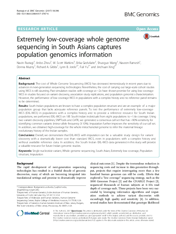 Pdf Extremely Low Coverage Whole Genome Sequencing In South Asians Captures Population