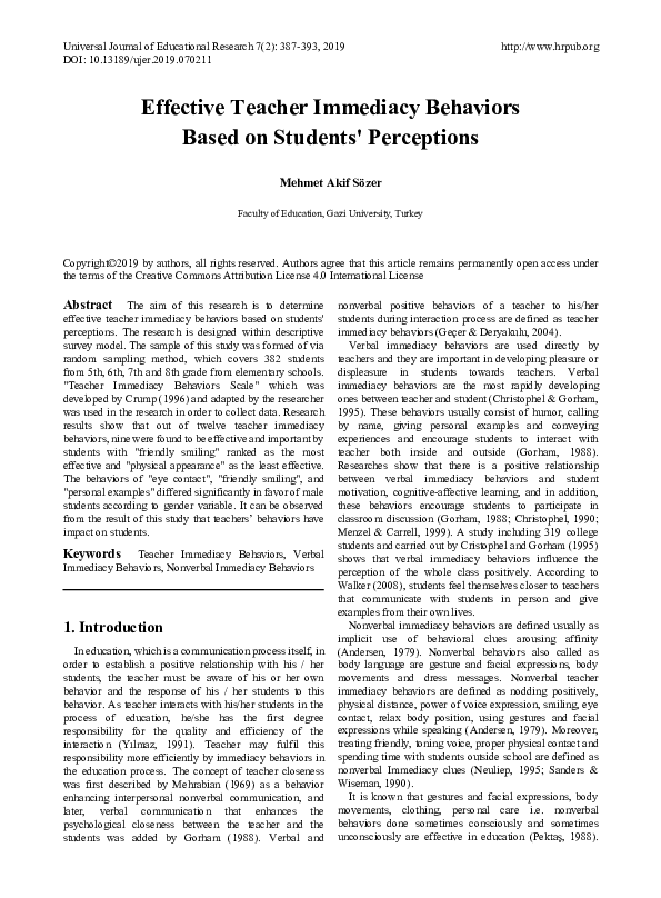 (PDF) Effective Teacher Immediacy Behaviors Based on Students' Perceptions