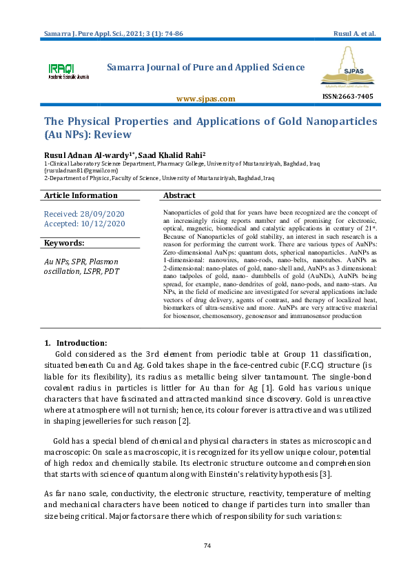 (PDF) The Physical Properties and Applications of Gold Nanoparticles ...