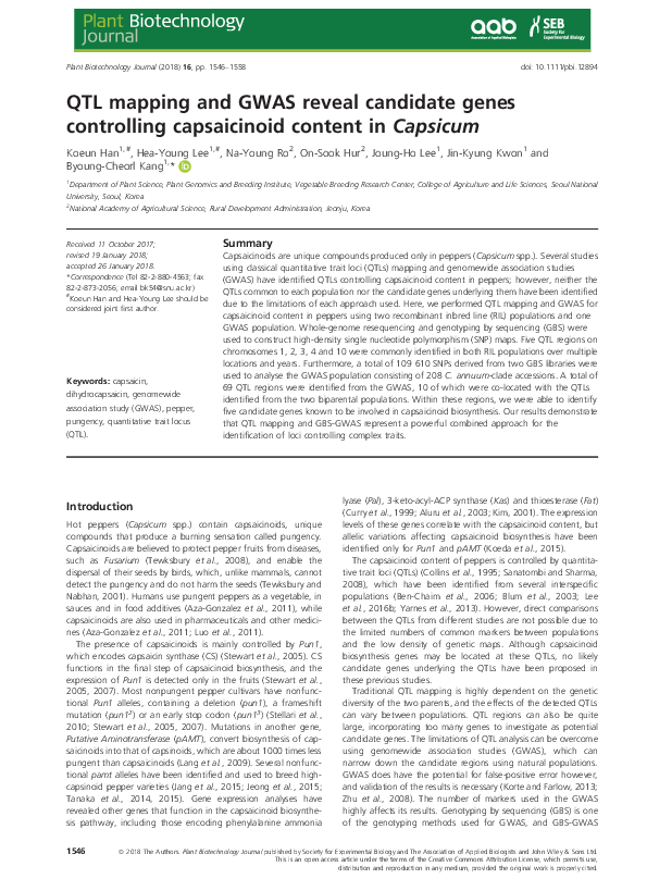 (PDF) QTL mapping and GWAS reveal candidate genes controlling capsaicinoid content in Capsicum