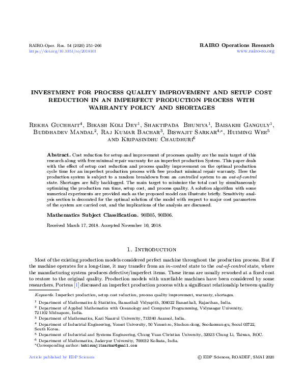 (PDF) Investment for process quality improvement and setup cost ...