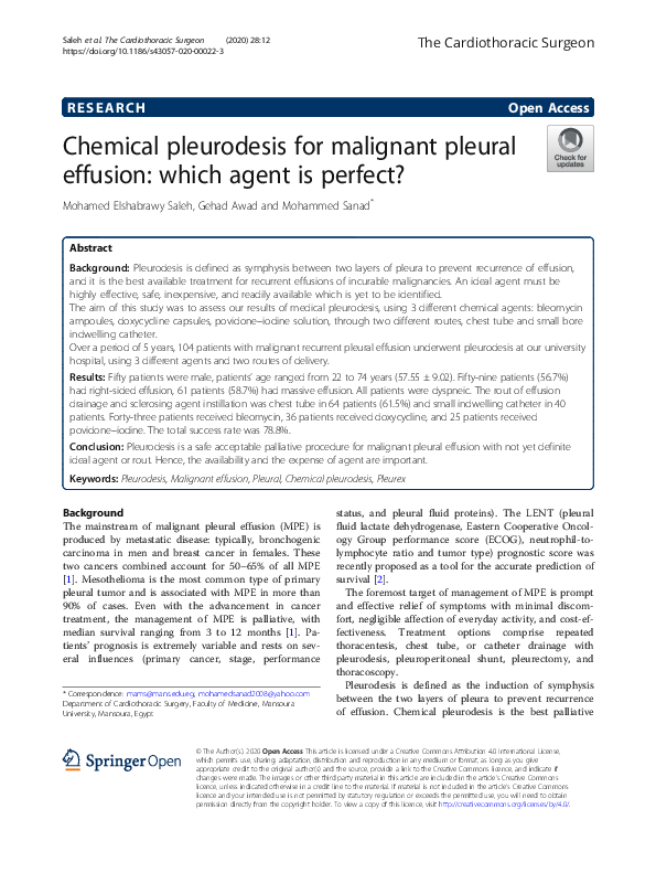 (PDF) Chemical pleurodesis for malignant pleural effusion: which agent ...