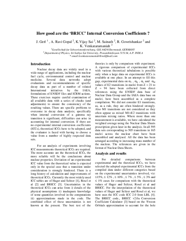(PDF) How good are the 'BRICC' Internal Conversion Coefficients