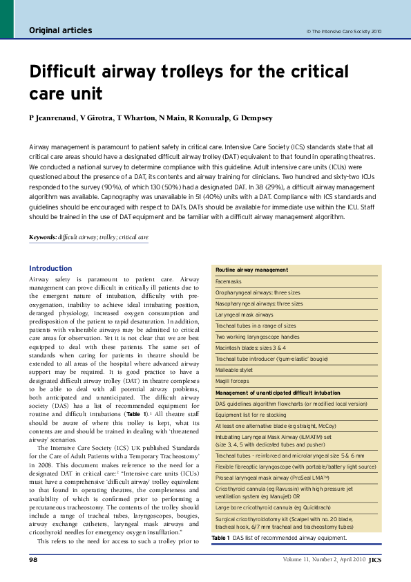 (PDF) Difficult Airway Trolleys for the Critical Care Unit