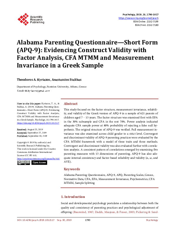 (PDF) Alabama Parenting Questionnaire—Short Form (APQ-9): Evidencing ...