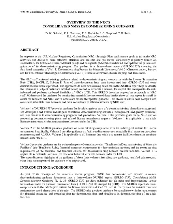(PDF) Overview of the NRC'S Consolidated NMSS Decommissioning Guidance