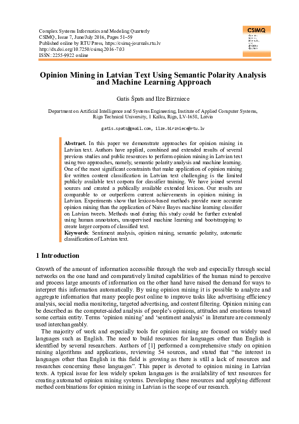 Pdf Opinion Mining In Latvian Text Using Semantic Polarity Analysis And Machine Learning