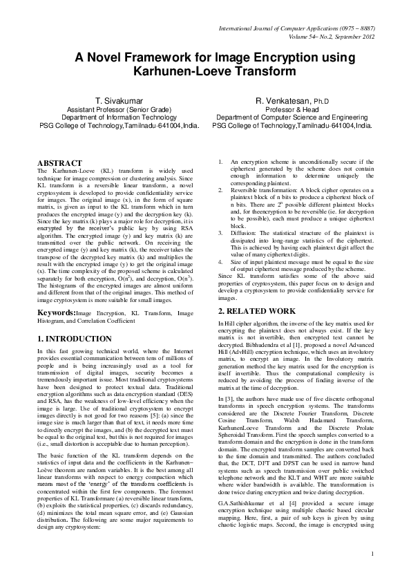Pdf A Novel Framework For Image Encryption Using Karhunen Loeve Transform