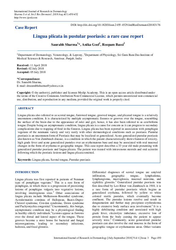 (PDF) Lingua plicata in pustular psoriasis: a rare case report