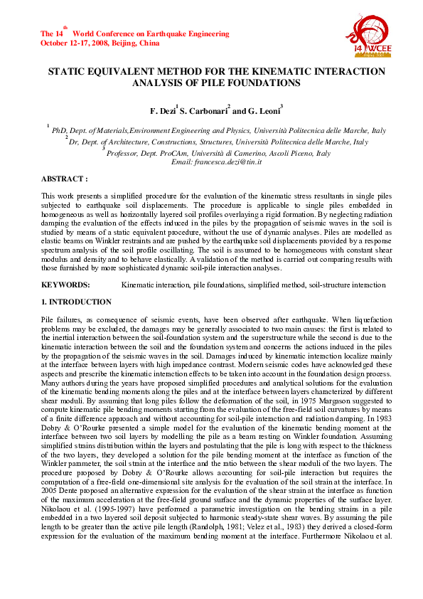 (PDF) Static equivalent method for the kinematic interaction analysis of pile foundations
