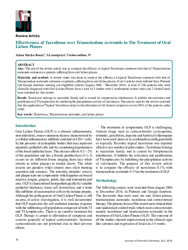 (PDF) Effectiveness of Tacrolimus over Triamcinolone Acetonide in The Treatment of Oral Lichen ...