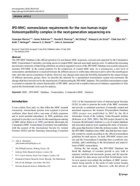 (PDF) IPD-MHC: nomenclature requirements for the non-human major histocompatibility complex in ...