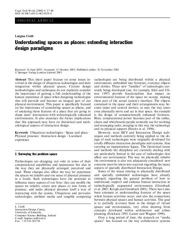 (PDF) Understanding Spaces as Places: Extending Interaction Design Paradigms