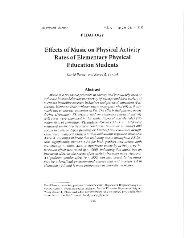 (PDF) Effects of Music on Physical Activity Rates of Elementary ...