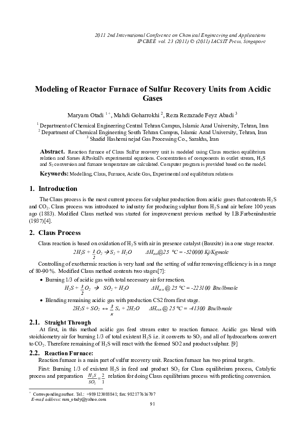 (PDF) Modeling of Reactor Furnace of Sulfur Recovery Units from Acidic ...