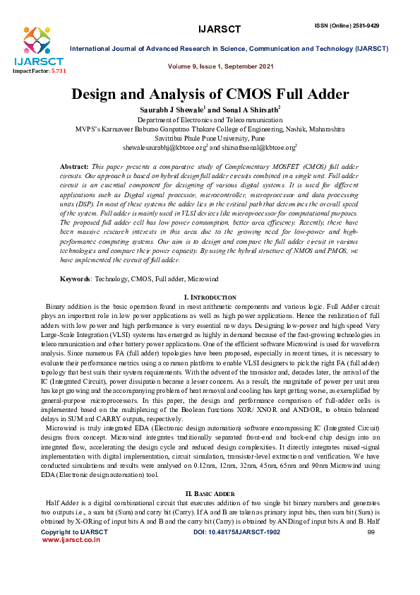 Pdf Design And Analysis Of Cmos Full Adder