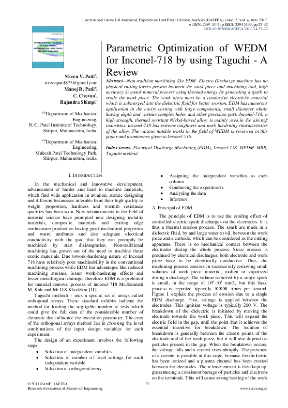 (PDF) Parametric Optimization of WEDM for Inconel-718 by Using Taguchi - A Review