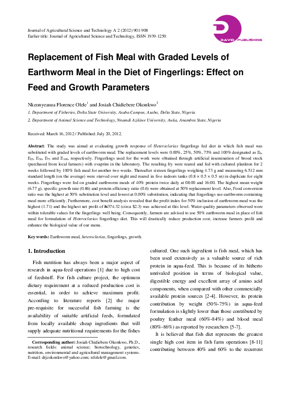 (PDF) Replacement of Fish Meal with Graded Levels of Earthworm Meal in ...