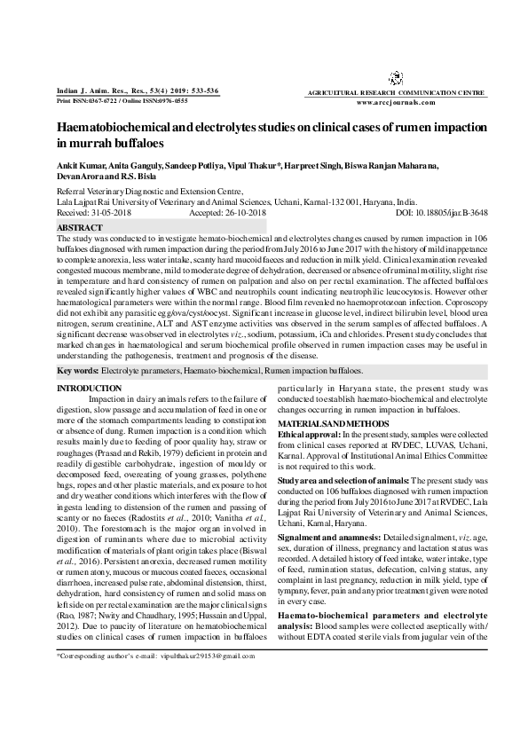 (PDF) Haematobiochemical and electrolytes studies on clinical cases of ...