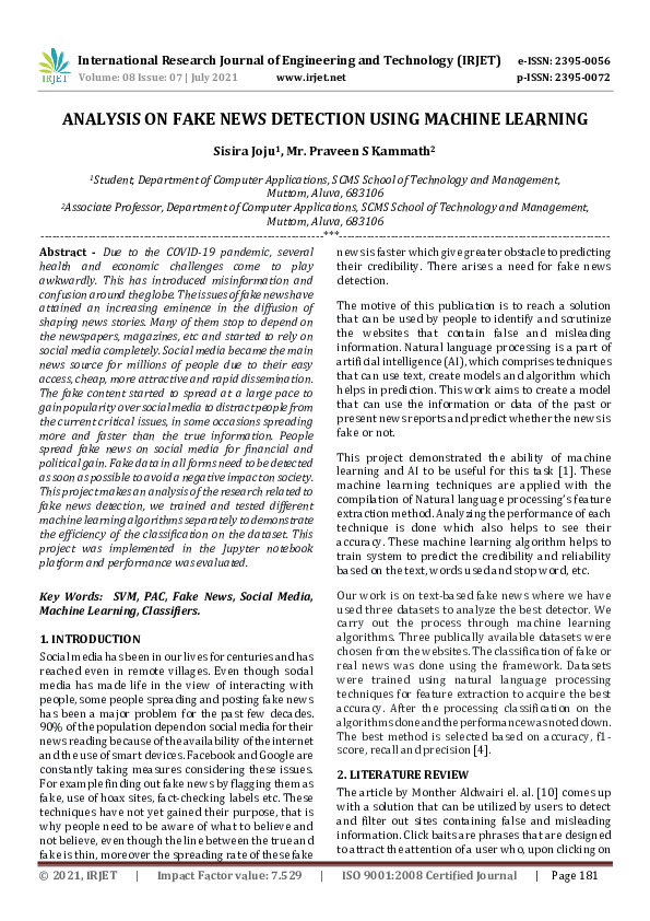 (PDF) IRJET- ANALYSIS ON FAKE NEWS DETECTION USING MACHINE LEARNING