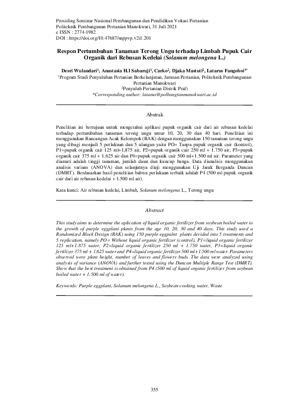 (PDF) Respon Pertumbuhan Tanaman Terong Ungu terhadap Limbah Pupuk Cair Organik dari Rebusan ...