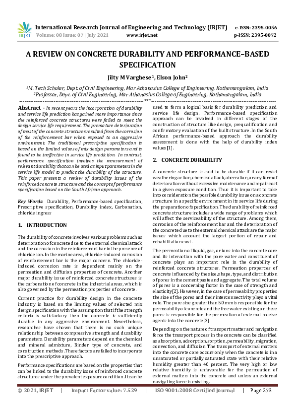 (PDF) IRJET- A REVIEW ON CONCRETE DURABILITY AND PERFORMANCE-BASED ...