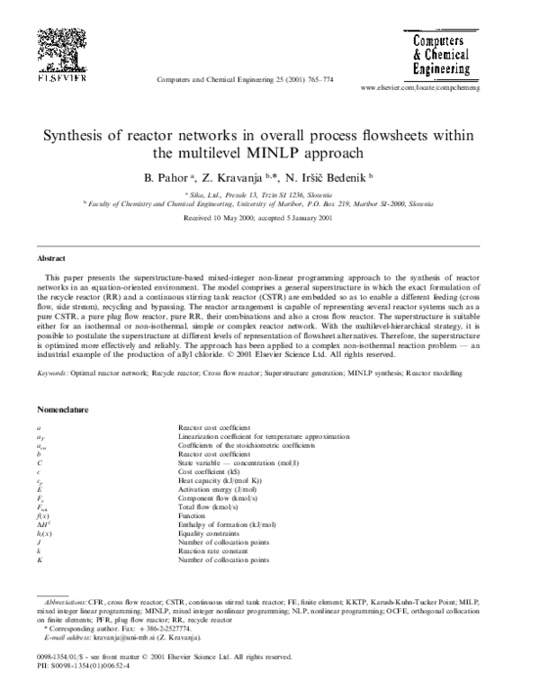 (PDF) Synthesis of reactor networks in overall process flowsheets within the multilevel MINLP ...