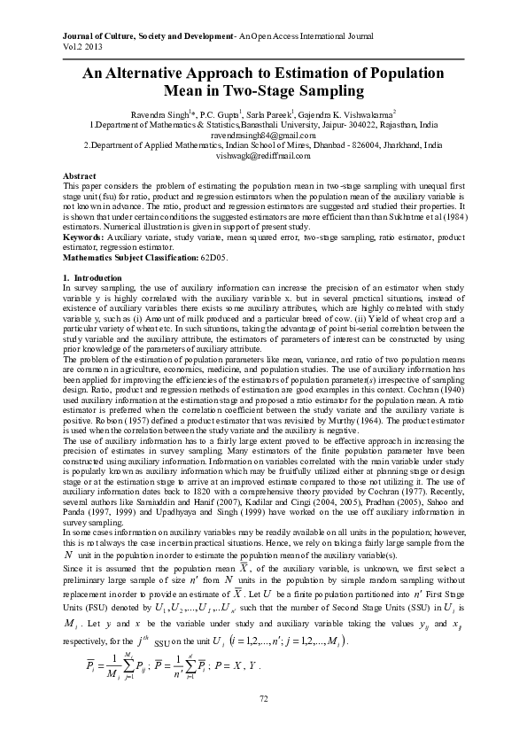 (PDF) An alternative approach to estimation of population mean in two-stage sampling