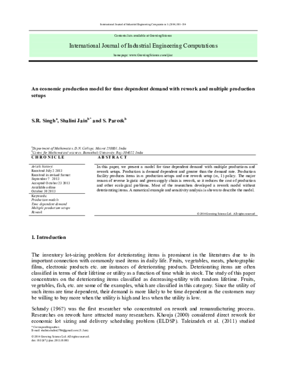 Pdf An Economic Production Model For Time Dependent Demand With Rework And Multiple Production