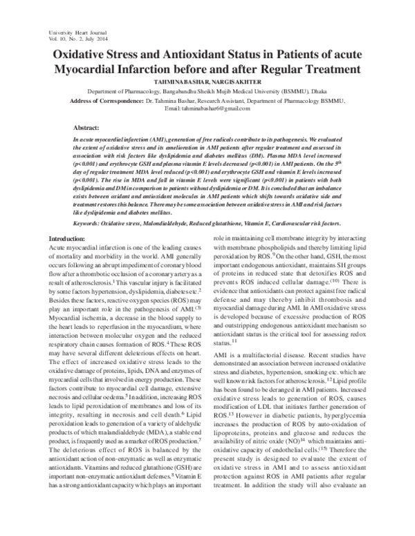 (PDF) Oxidative Stress and Antioxidant Status in Patients of acute Myocardial Infarction before ...