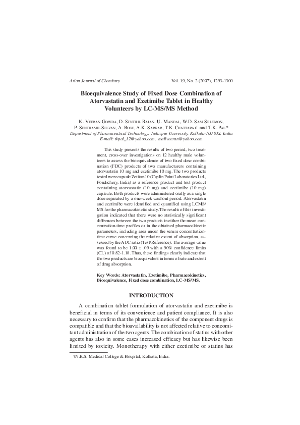 (PDF) Bioequivalence Study of Fixed Dose Combination of Atorvastatin ...
