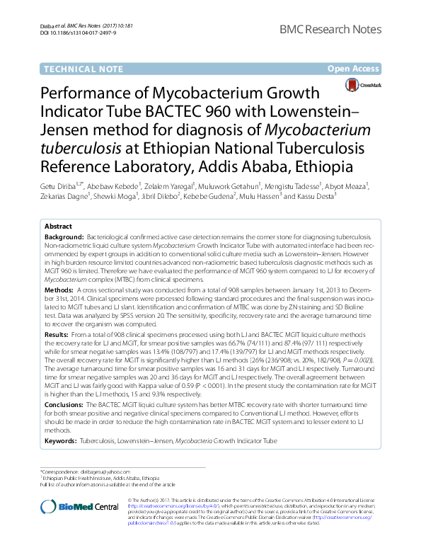 (PDF) Performance of Mycobacterium Growth Indicator Tube BACTEC 960 ...