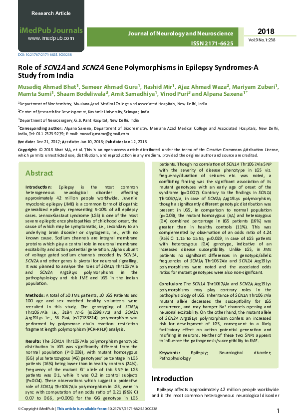 (PDF) Role of SCN1A and SCN2A Gene Polymorphisms in Epilepsy Syndromes ...