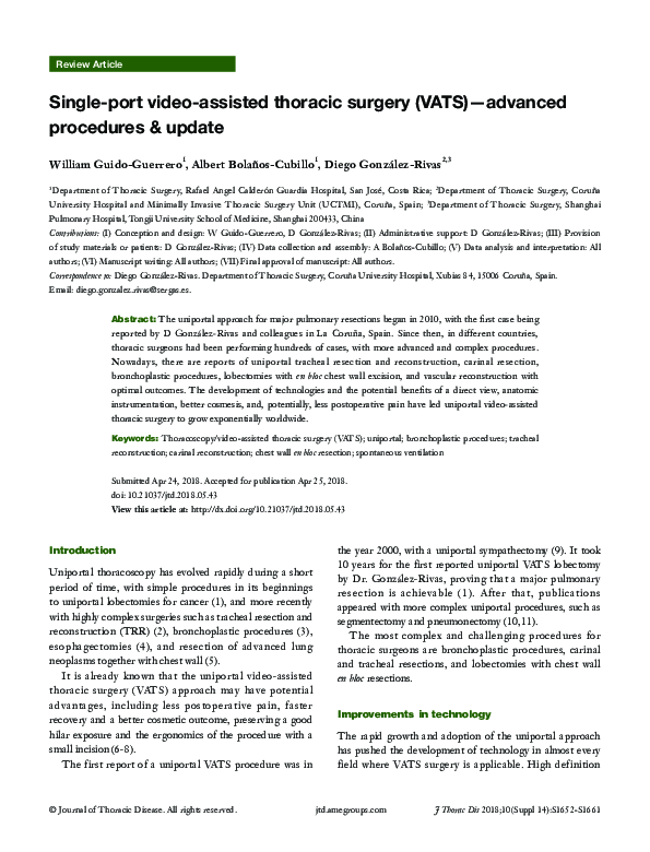(PDF) Single-port video-assisted thoracic surgery (VATS)—advanced ...