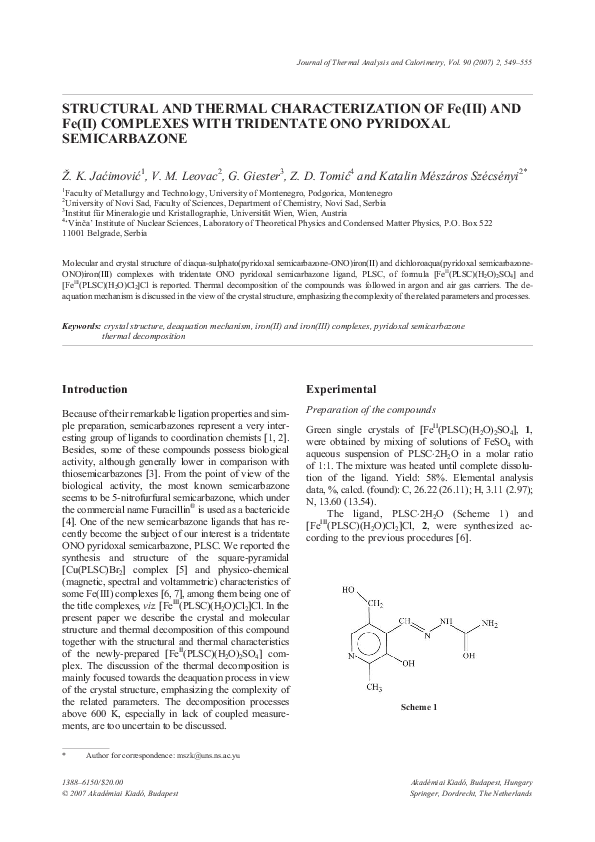 (PDF) Structural and thermal characterization of Fe(III) and Fe(II) complexes with tridentate ...