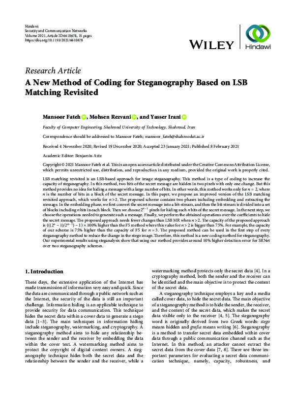 Pdf A New Method Of Coding For Steganography Based On Lsb Matching Revisited