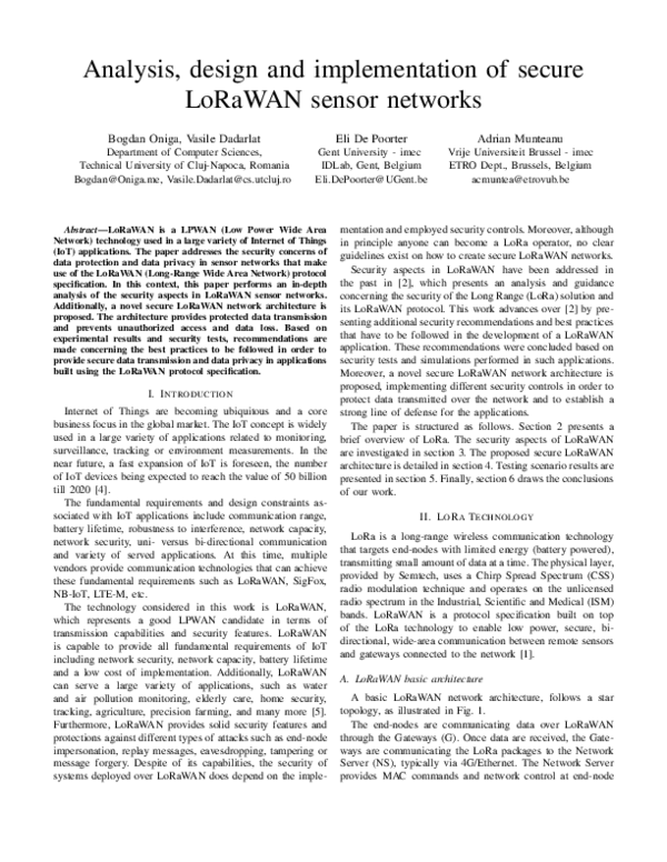 Pdf Analysis Design And Implementation Of Secure Lorawan Sensor Networks